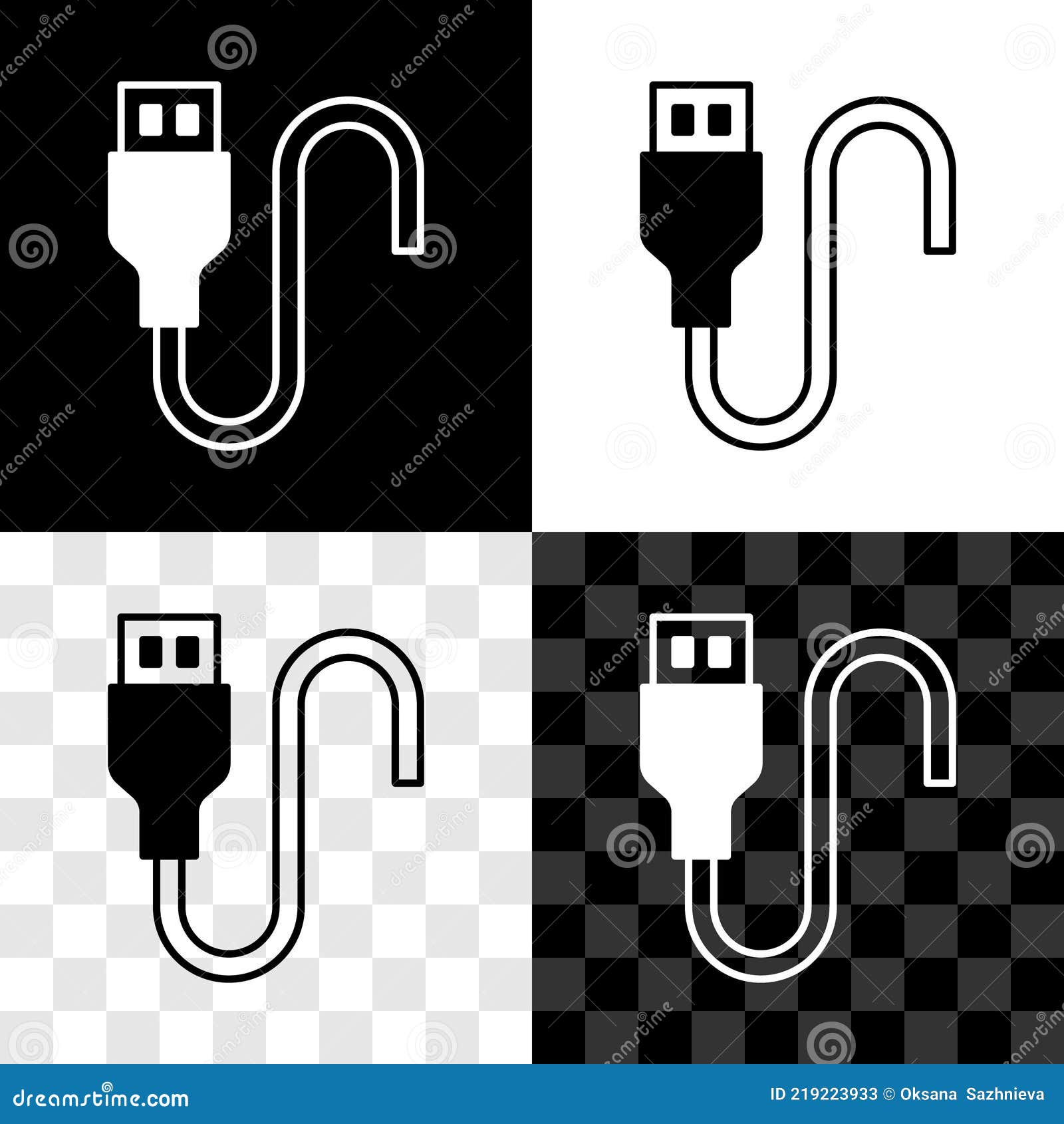 Set USB Cable Cord Icon Isolated on Black and White, Transparent ...