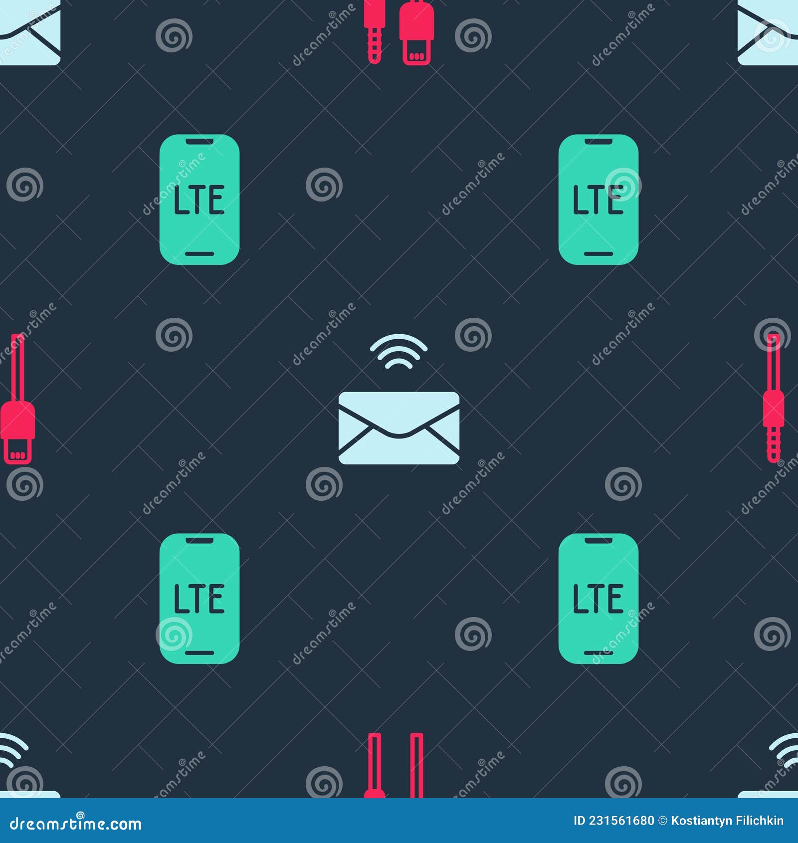 Set USB Cable Cord, Mail and E-mail and LTE Network on Seamless Pattern ...