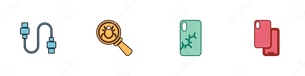 Set USB Cable Cord, System Bug, Mobile with Broken Screen and ...