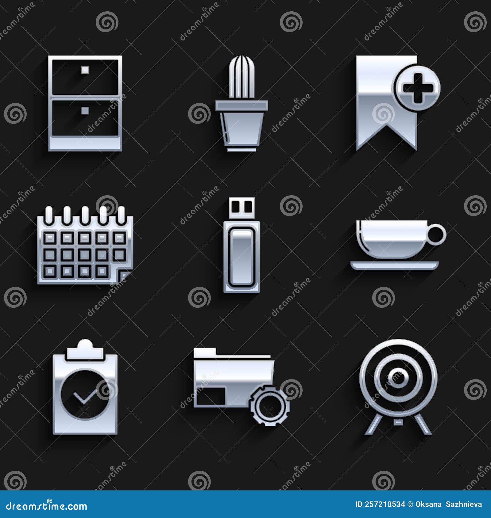 Set USB Flash Drive, Folder Settings with Gears, Target, Coffee Cup ...