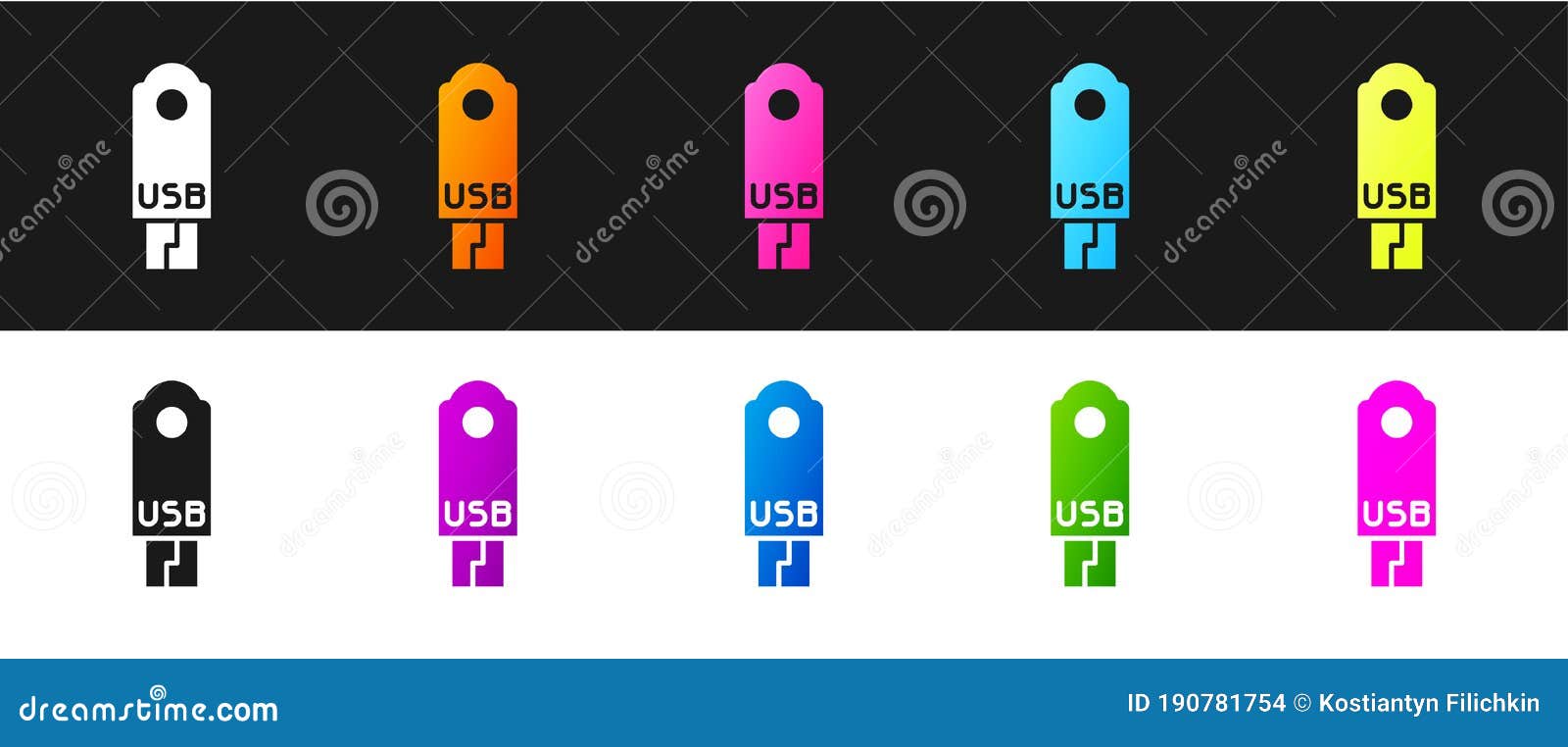 Set USB Flash Drive Icon Isolated on Black and White Background. Vector ...