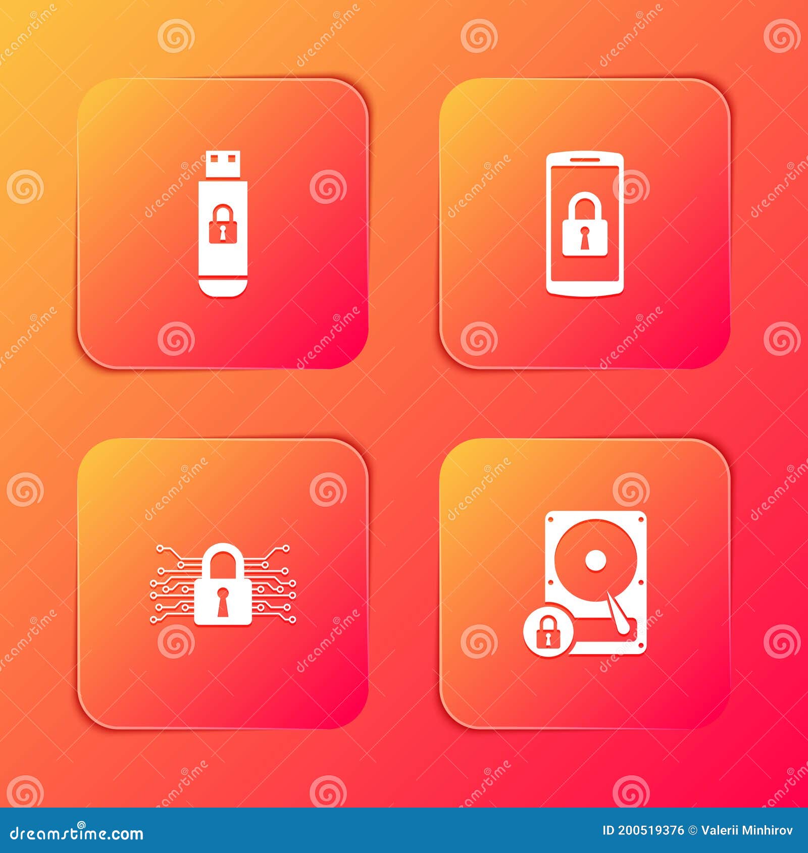 Set USB Flash Drive with Lock, Smartphone, Cyber Security and Hard Disk ...