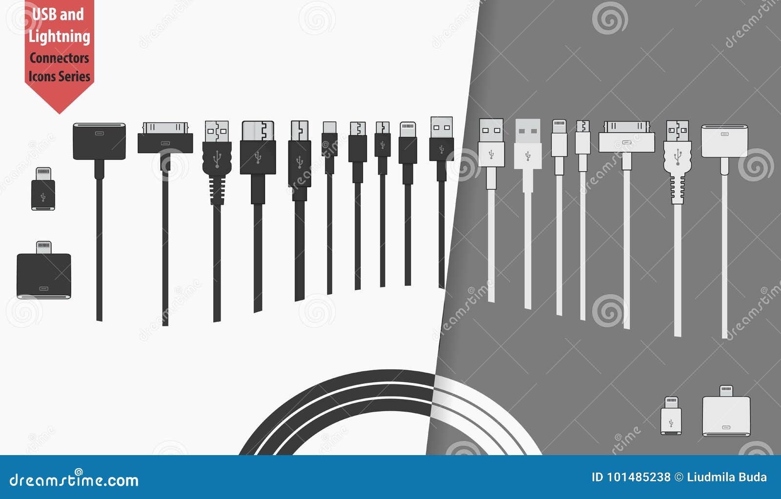 Set Of Usb And Lightning Interface Cables And Adapters Isolated On ...