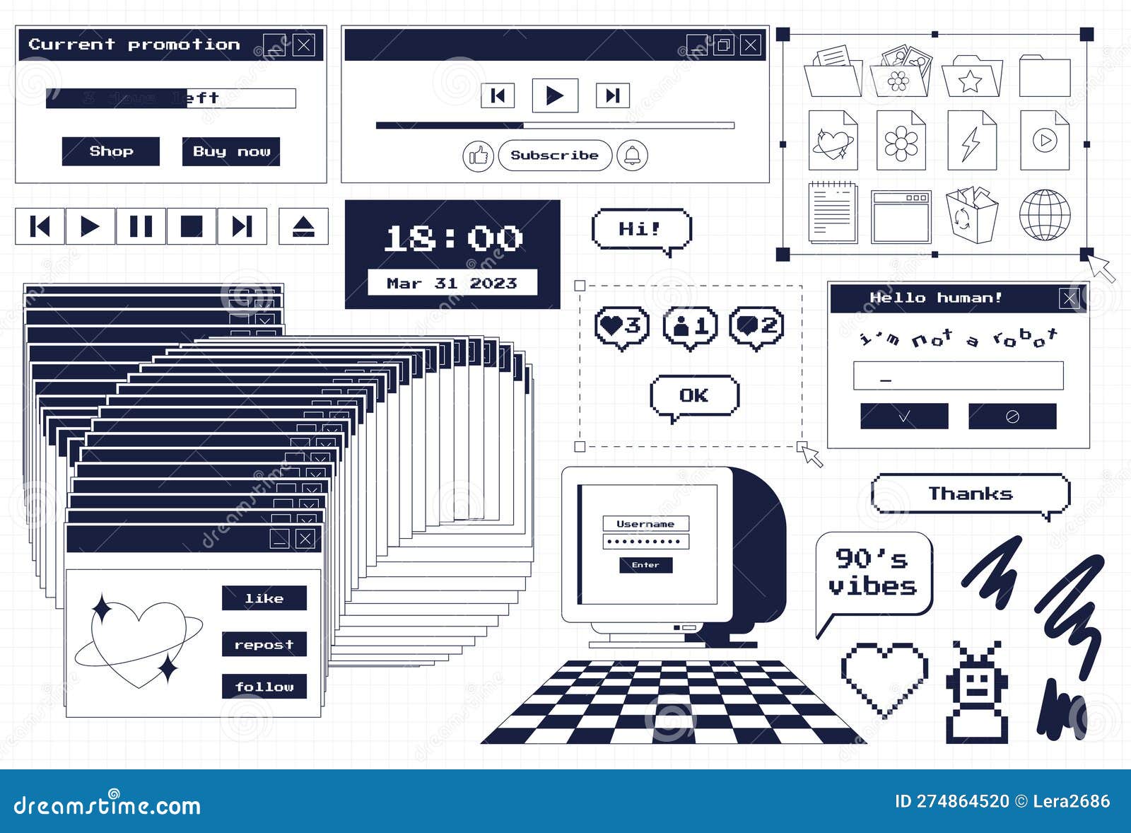 A Set of User Interface Design Elements in 80s, 90s Retro Style. Old ...