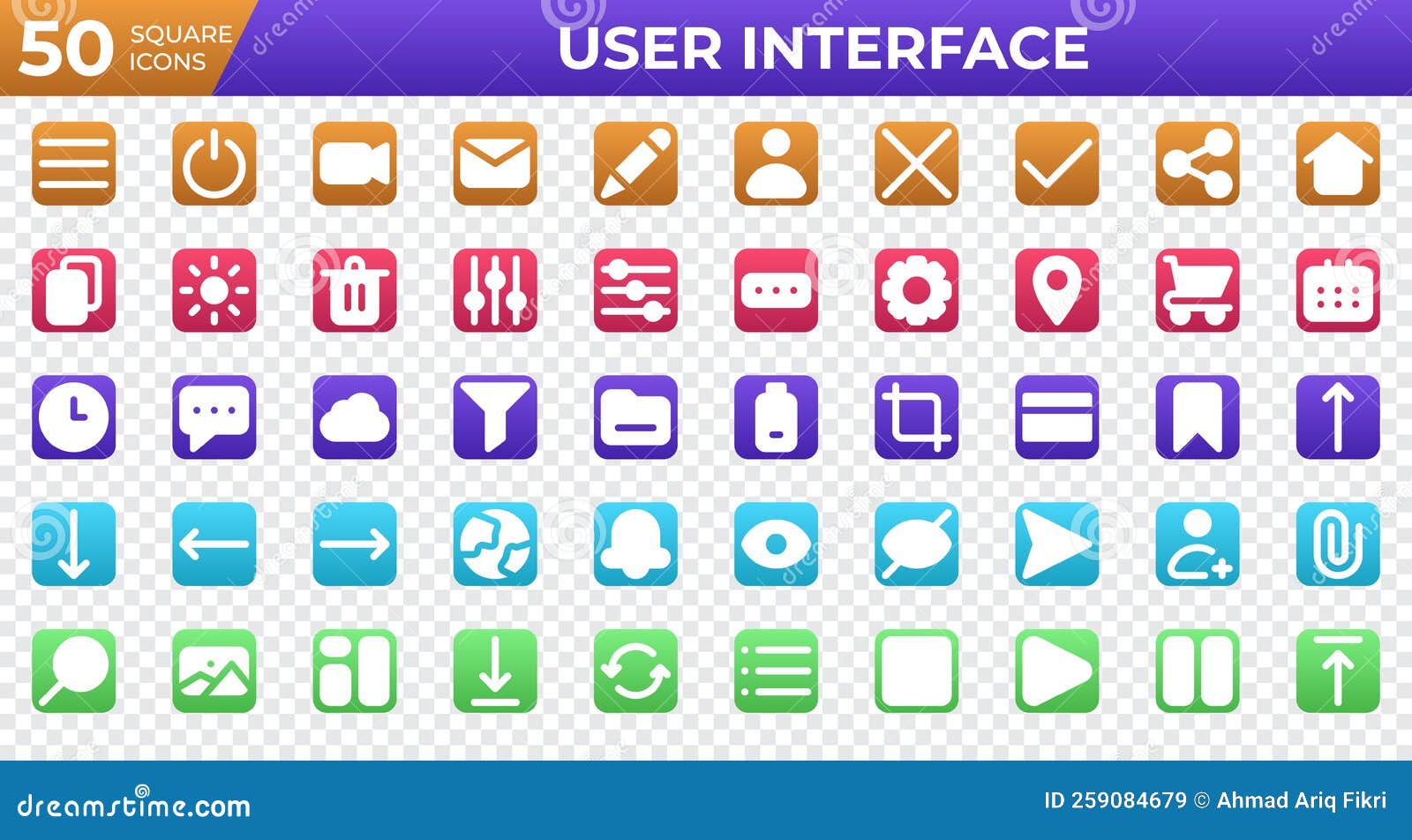 Set of 50 User Interface Icons in Square Style. Menu, Calendar, Clock ...