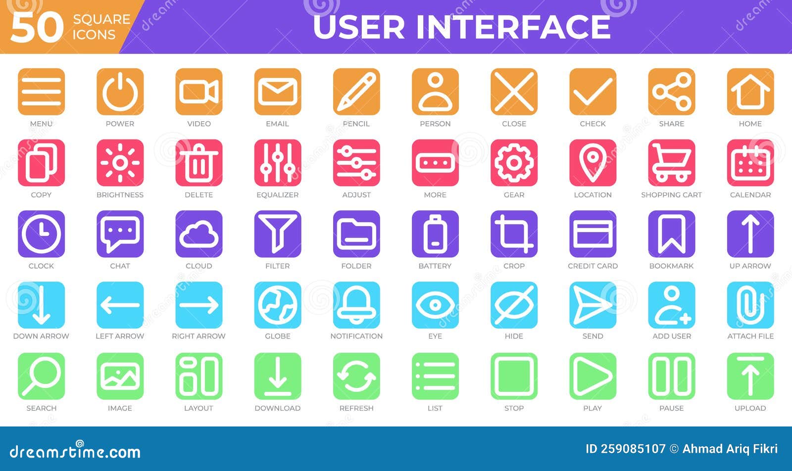 Set of 50 User Interface Icons in Square Style. Menu, Calendar, Clock ... Set of 50 User Interface Icons in Square Style. Menu, Calendar, Clock ...