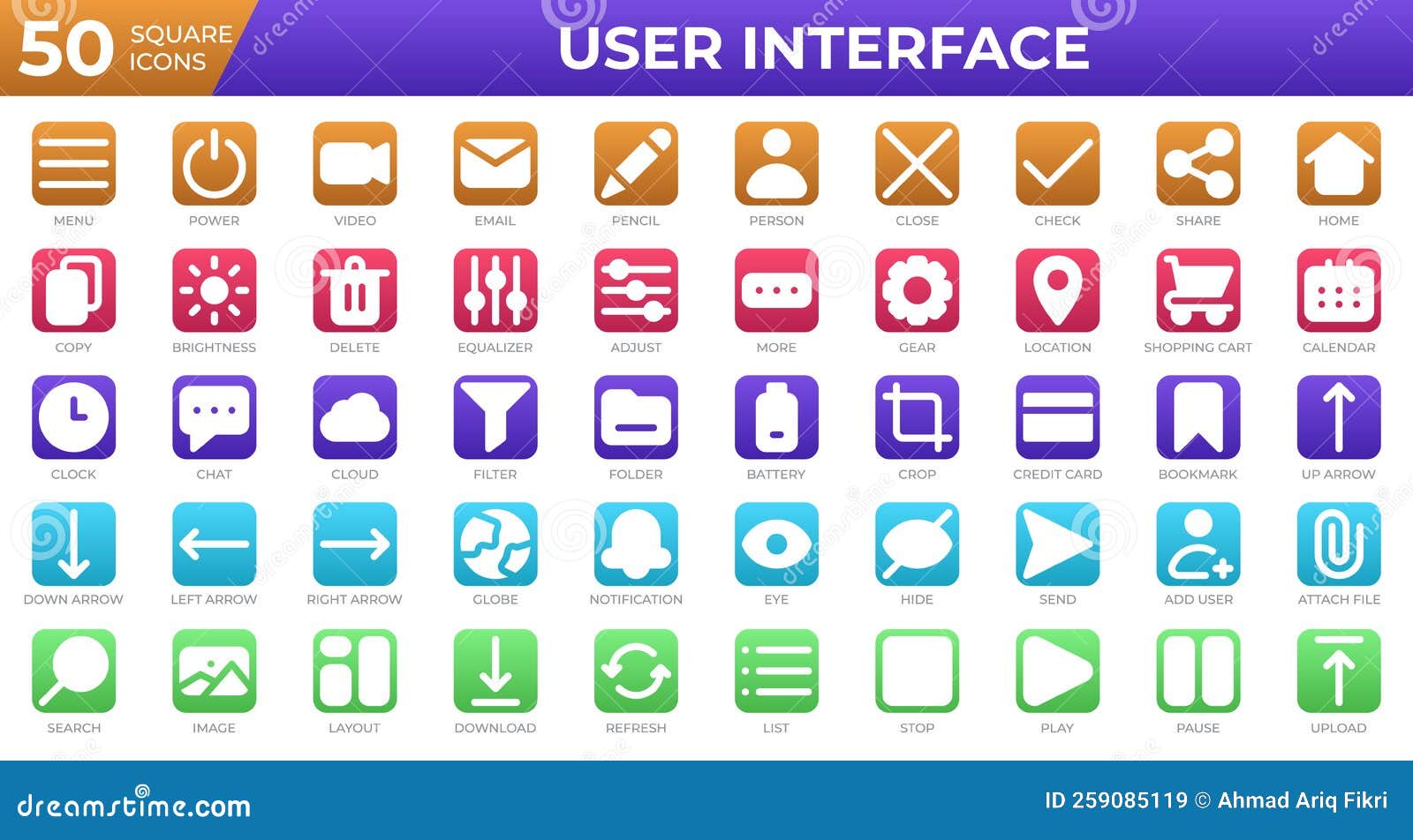 Set of 50 User Interface Icons in Square Style. Menu, Calendar, Clock ...