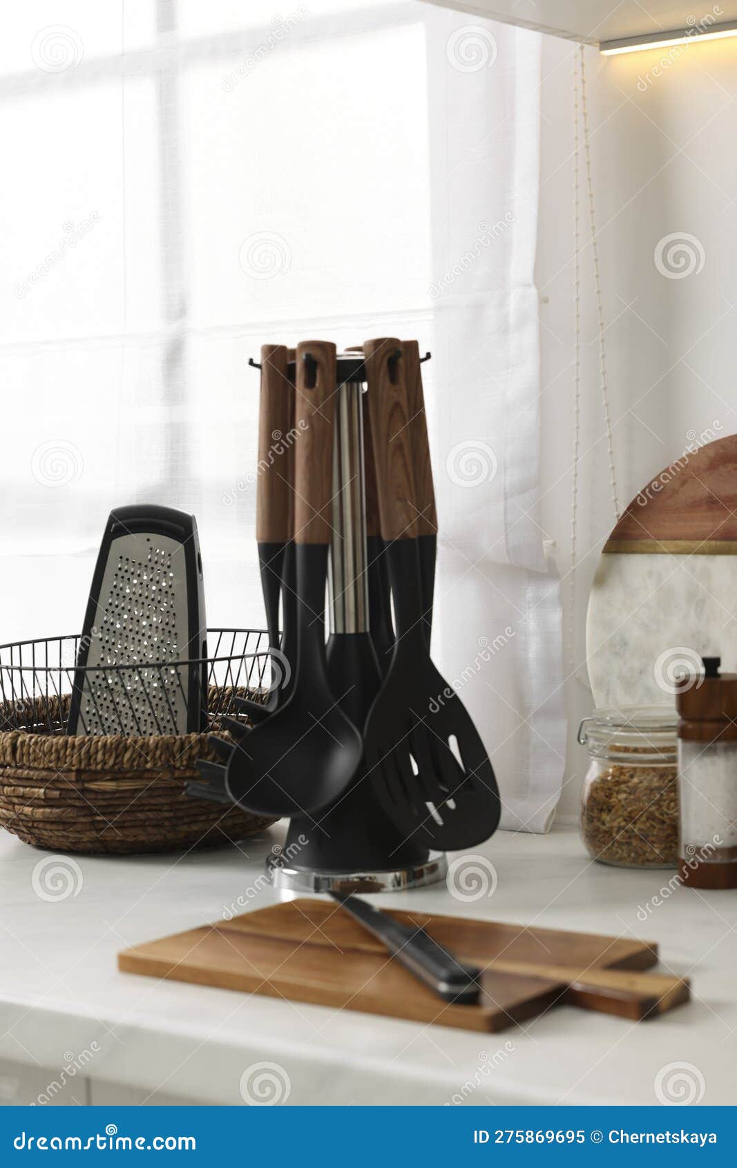 Set of Different Utensils on Countertop in Kitchen Stock Image - Image ...