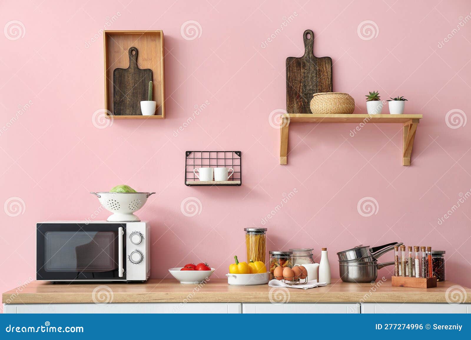Set of Utensils and Products on Kitchen Counter Stock Photo - Image of ...