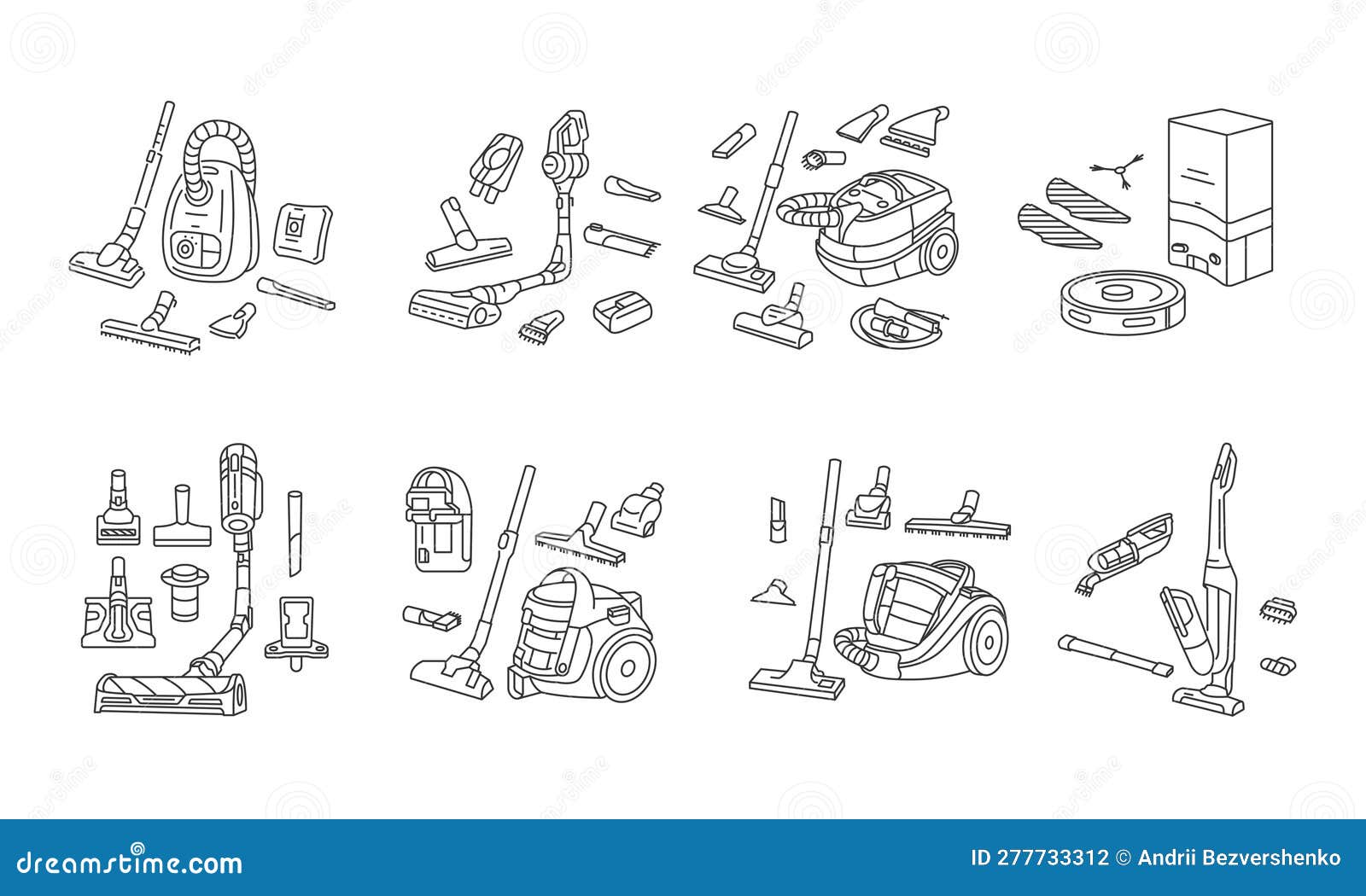 Set of Vacuum Cleaners Line Icons Vector Illustrations. Nozzle Set with ...