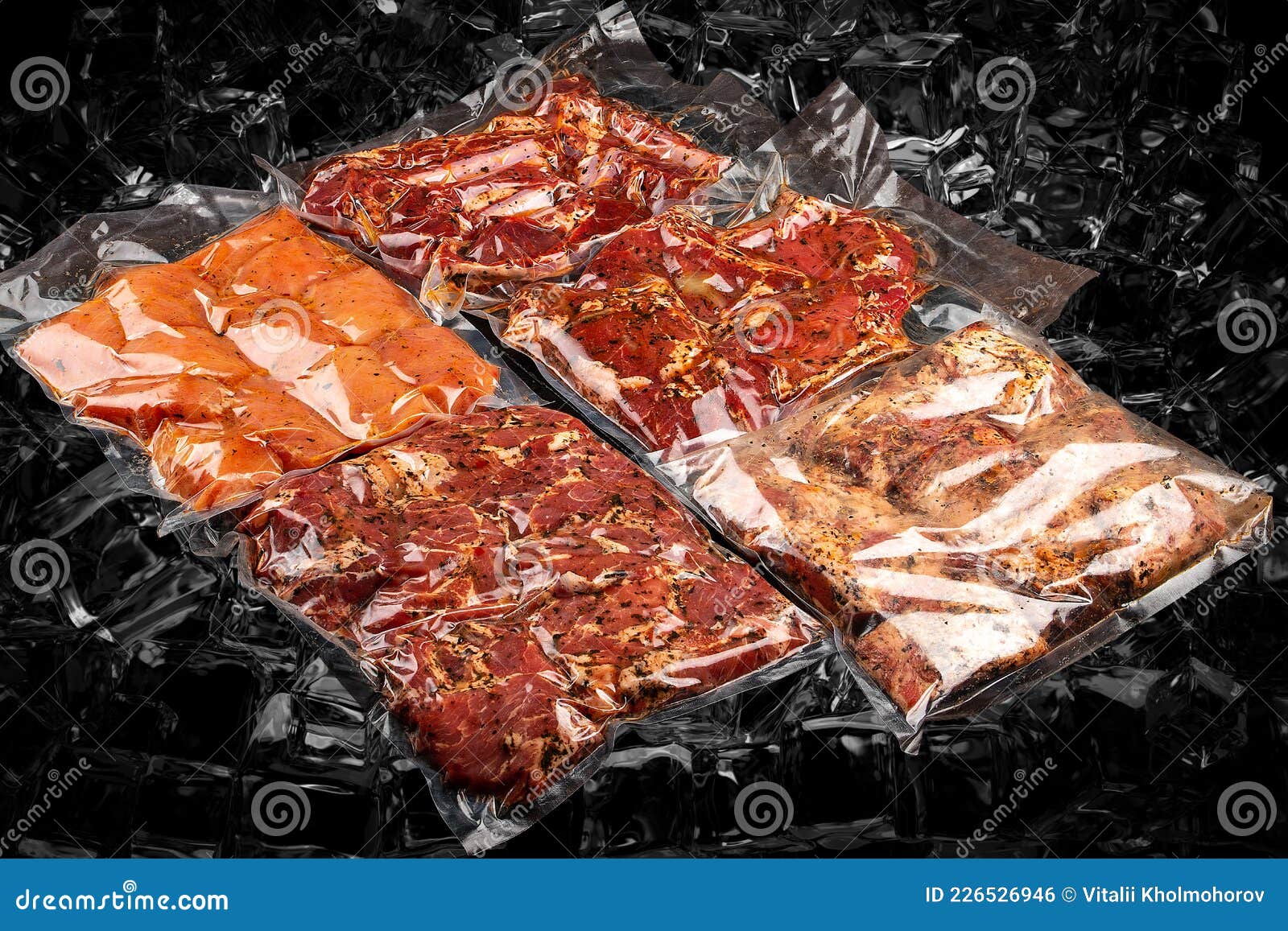 Set of Vacuum-packed Different Meats,on Dark Ice Background ...