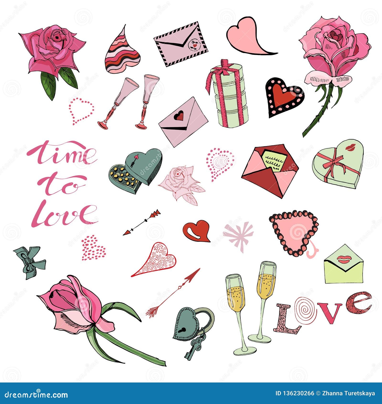 Set Of Valentine`s Day Theme Doodle Elements, Roses, Lettering And ...