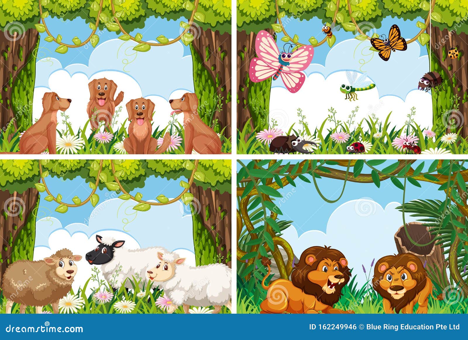 Set of Various Animals in Nature Scenes Stock Illustration ...