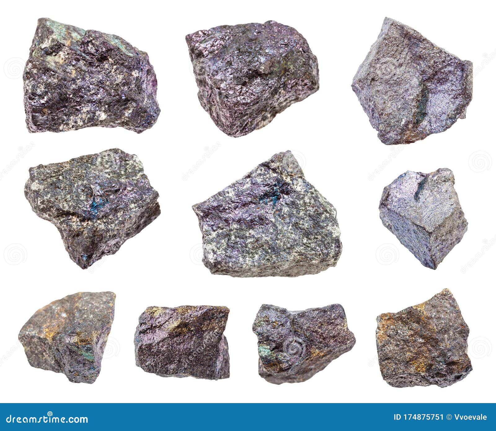 Set of Various Bornite Rocks Isolated on White Stock Image - Image of ...