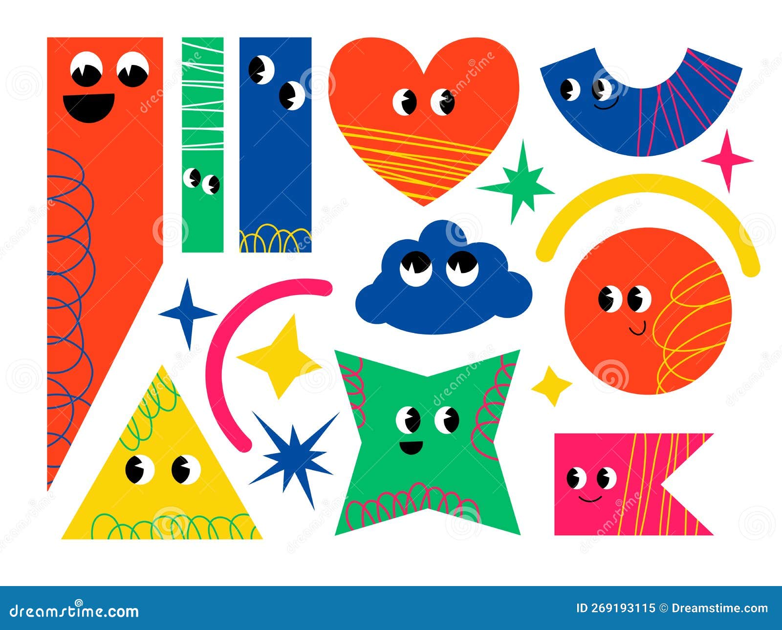 Set of Various Bright Basic Geometric Figures with Face Emotions ...