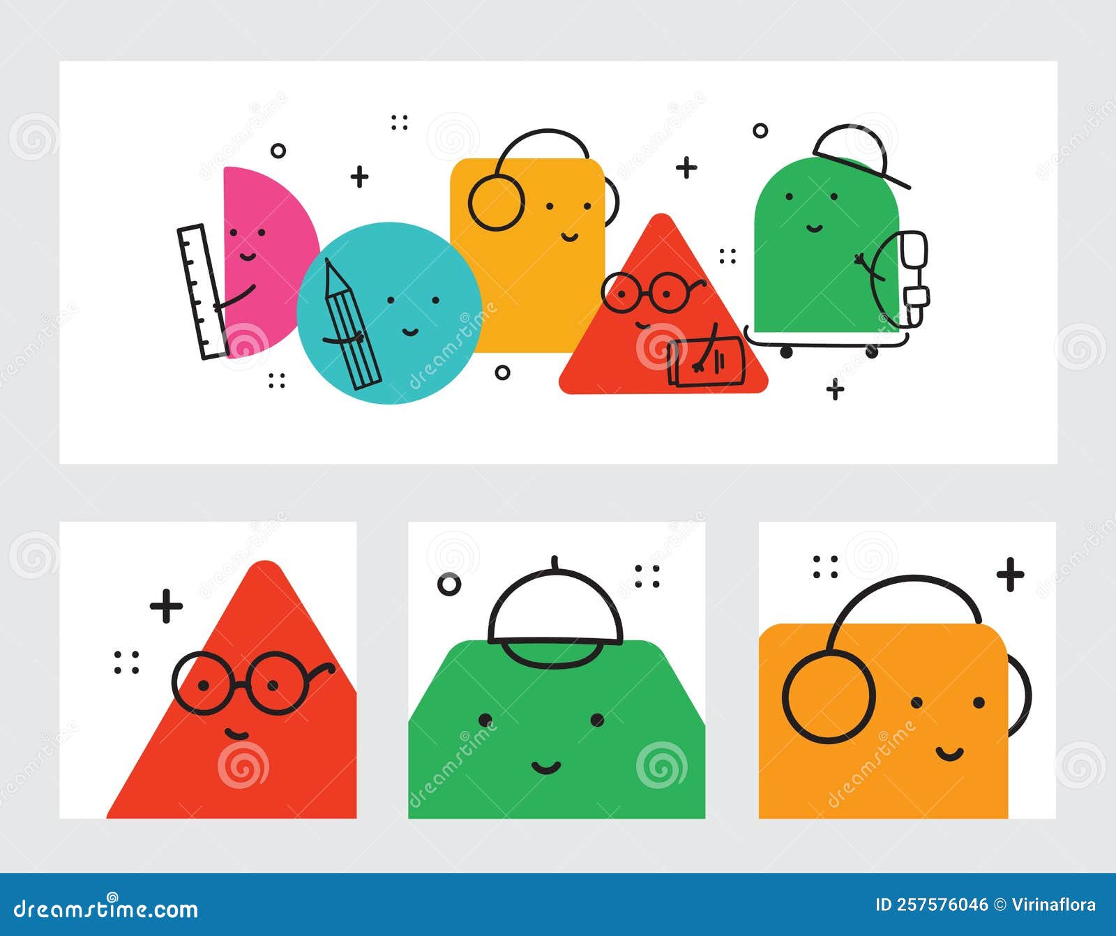 Set of Various Bright Geometric Figures with Face Emotions. Different ...