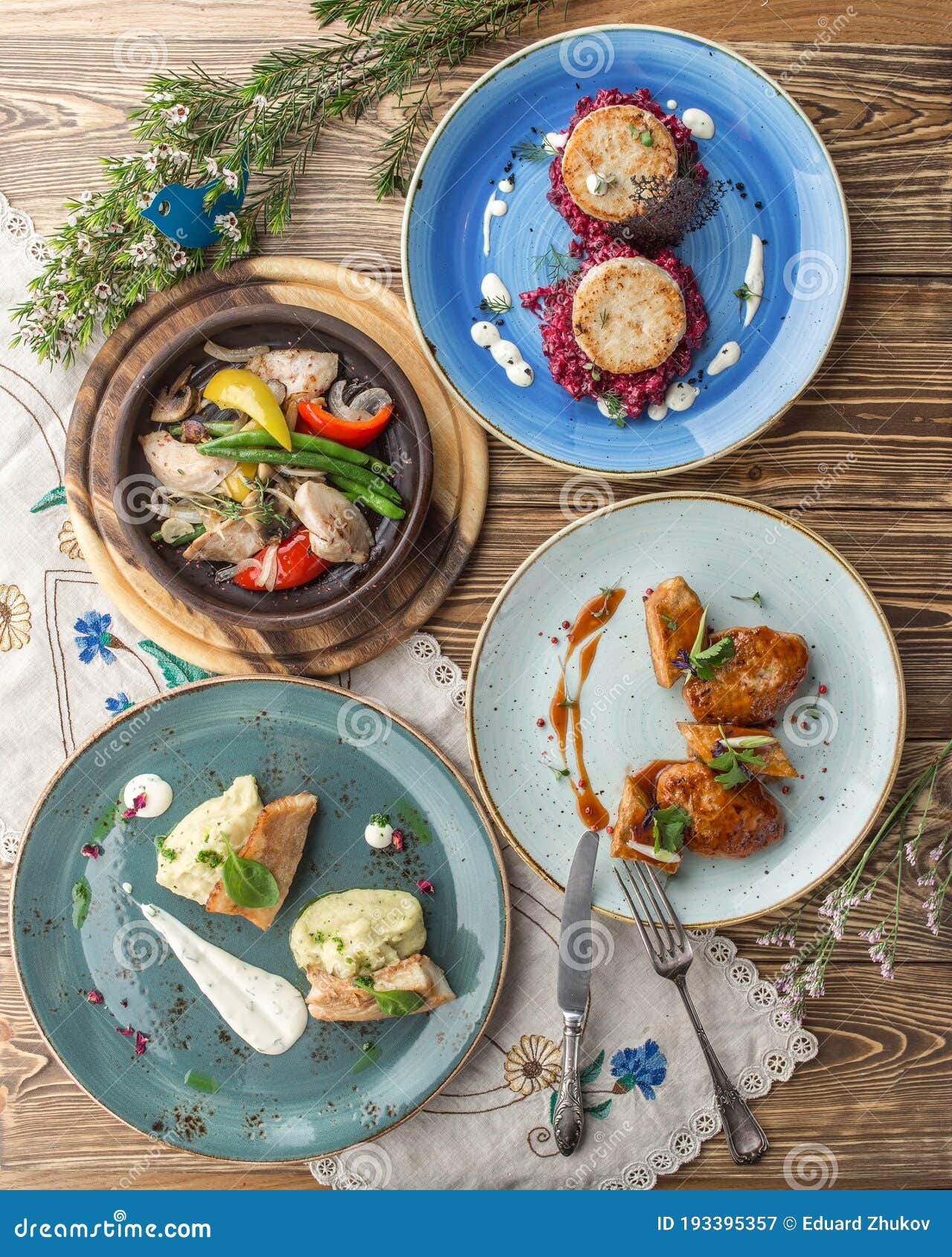 Set of Various Chicken and Fish Dishes Main Course on Wooden Table ...