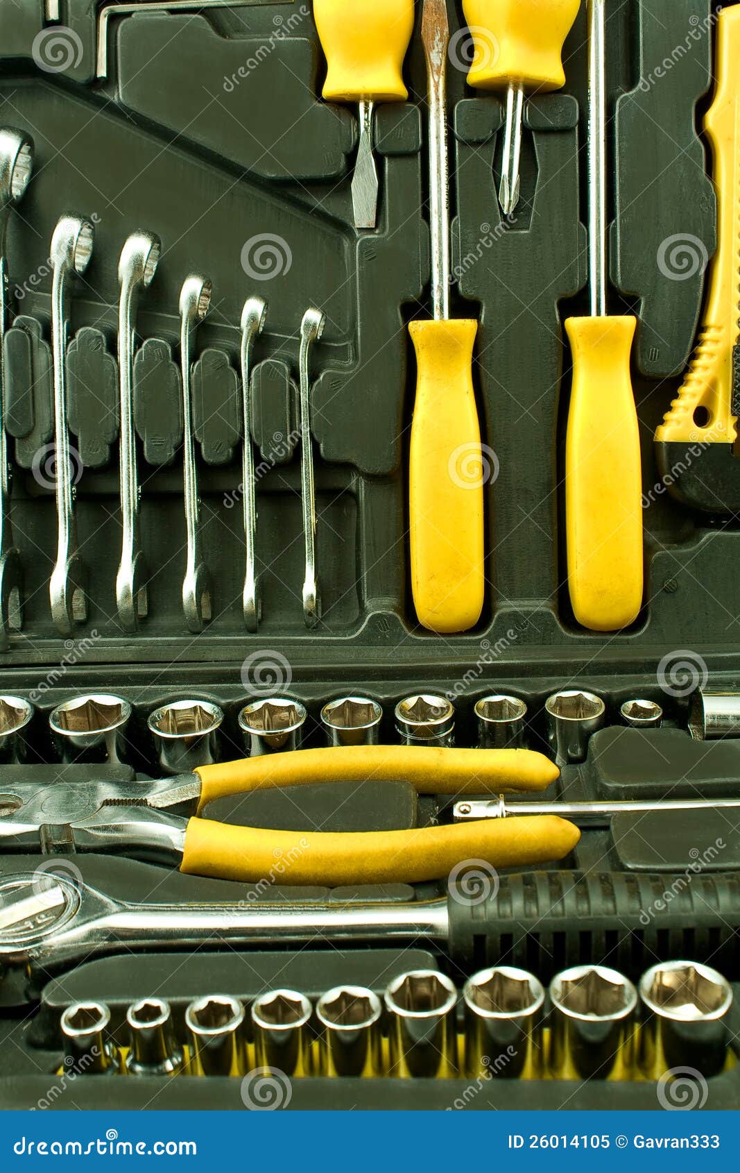 Set of Various Chrome Yellow Tools in Box Stock Image - Image of length ...