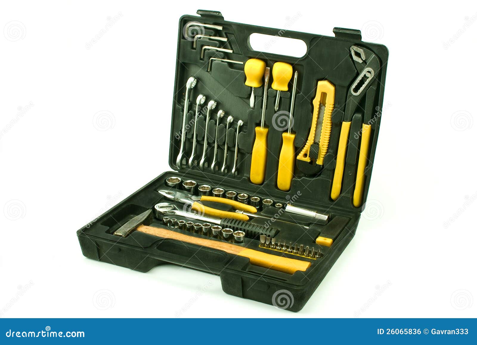 Set of Various Chrome Yellow Tools in Box Stock Photo - Image of ...