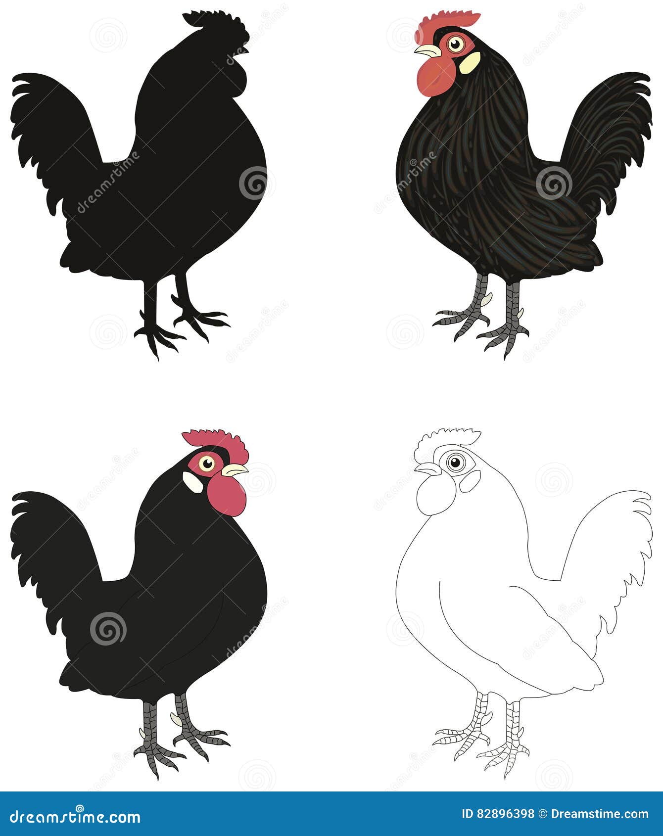 Set Of Various Cocks, Silhouette, Outline, Painted. Vector Illustration ...