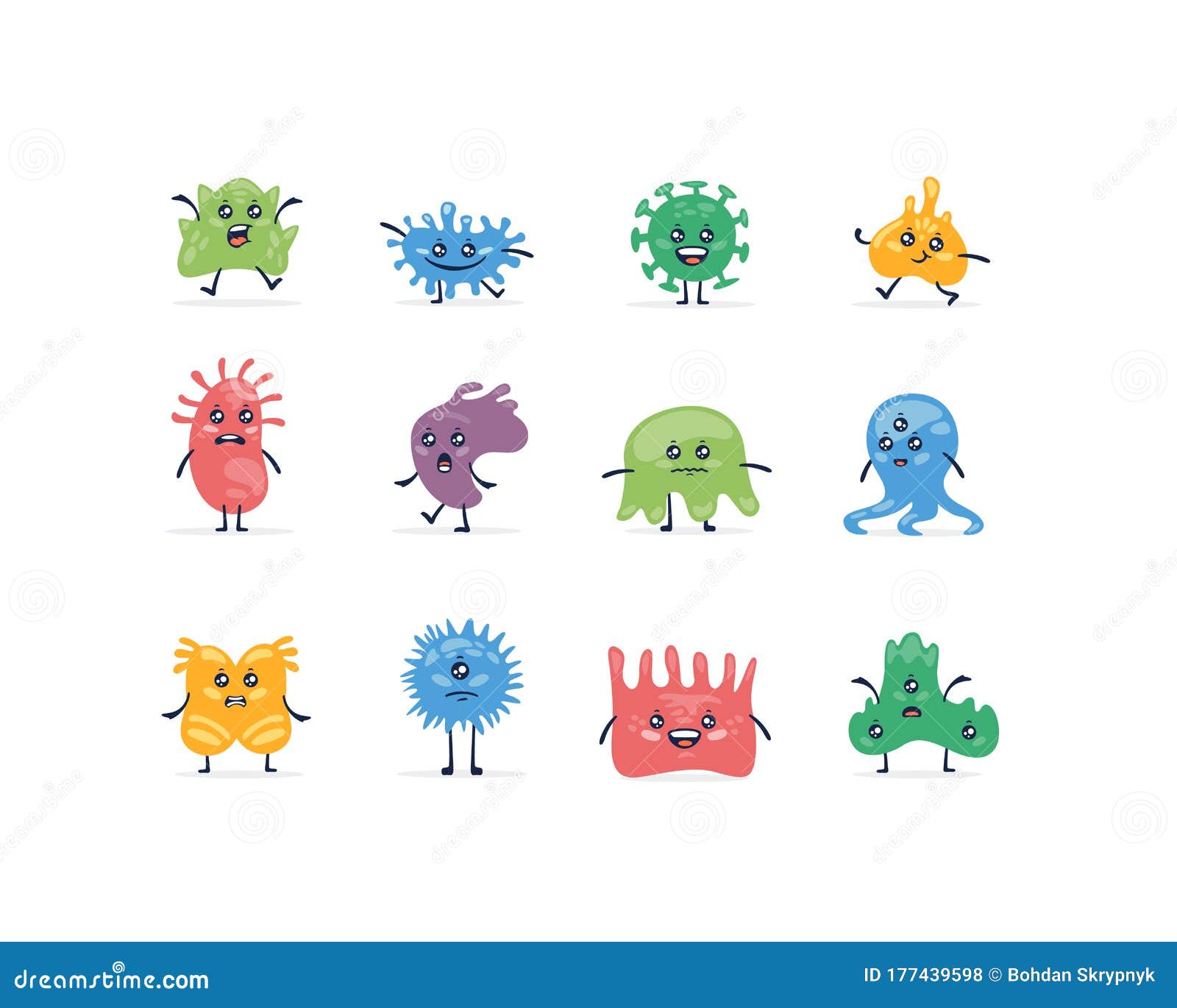Set of Various Colored Cartoon Bacterial Pathogen Cute Microbe Isolated ...