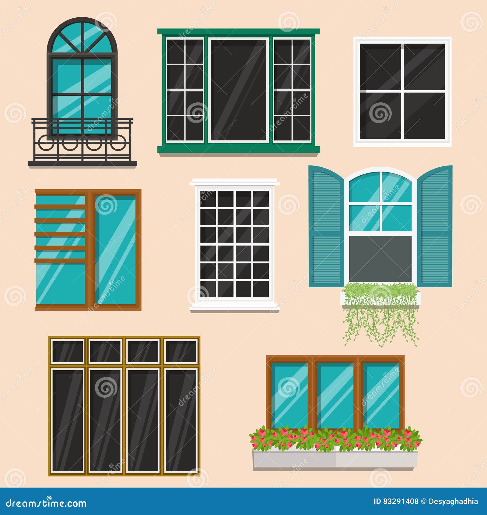 Set of Various Colorful Windows.Flat Style Vector Illustration Stock ...