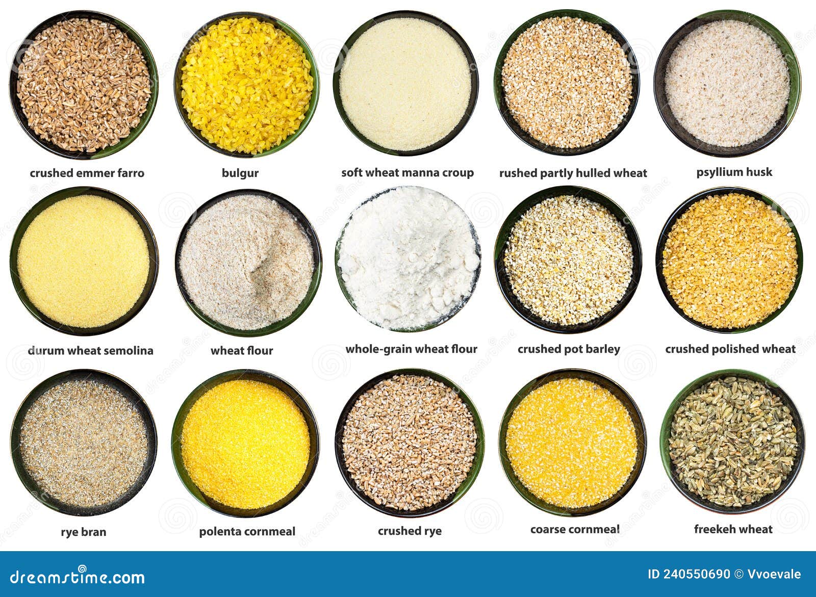 Set of Various Crushed Grains in Bowls with Names Stock Photo - Image ...