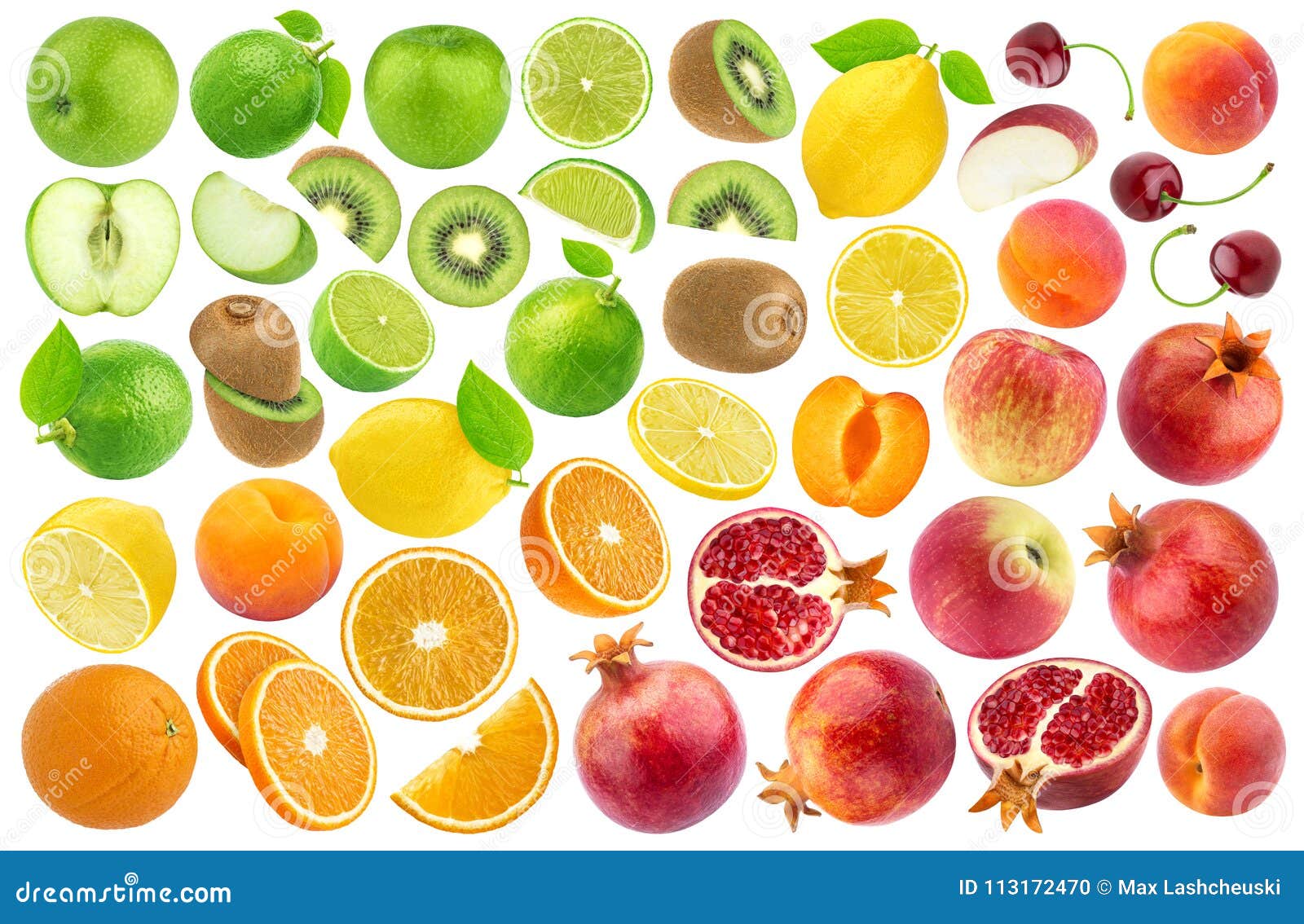Set Of Various Cut Fruits Isolated On White Background. Color Gradient ...