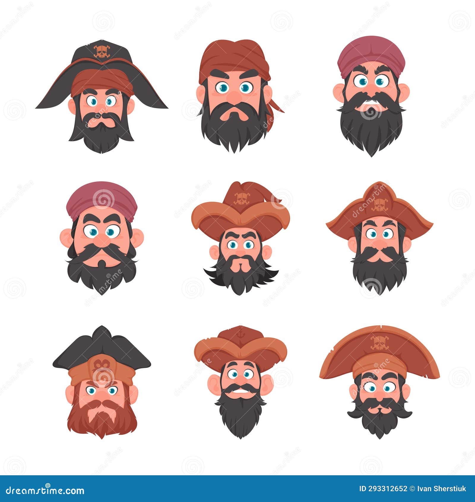 Set of Various Faces of Pirates and Robbers. Cartoon Style Stock ...