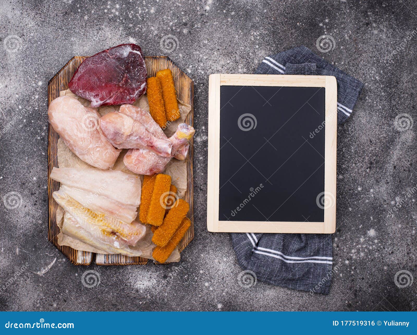 Set of Various Frozen Meat and Fish Stock Photo - Image of chalkboard ...