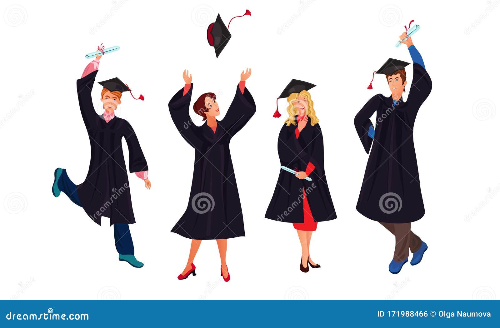 Set of Various Graduate Students in Different Poses. Vector ...