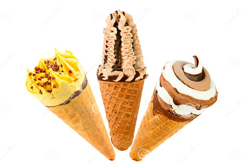Set Of Various Ice Cream In Waffle Cones Isolated On White Collage