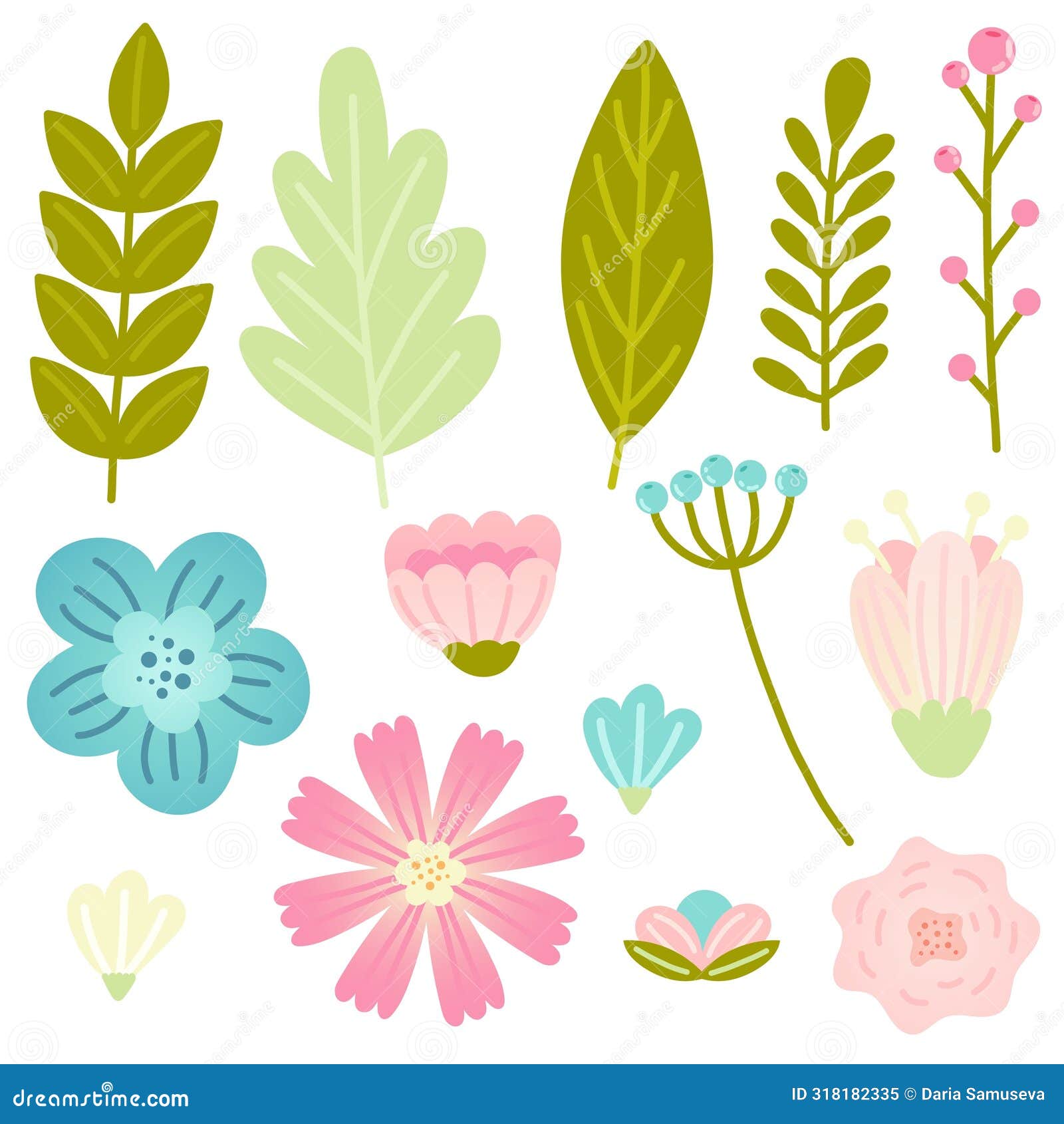 Set of Various Isolated Hand Drawn Flowers. Flat Vector Illustration ...