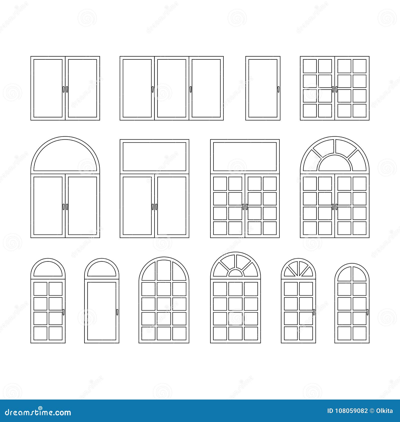 Set of Various Isolated Line Plastic Windows on White Background ...