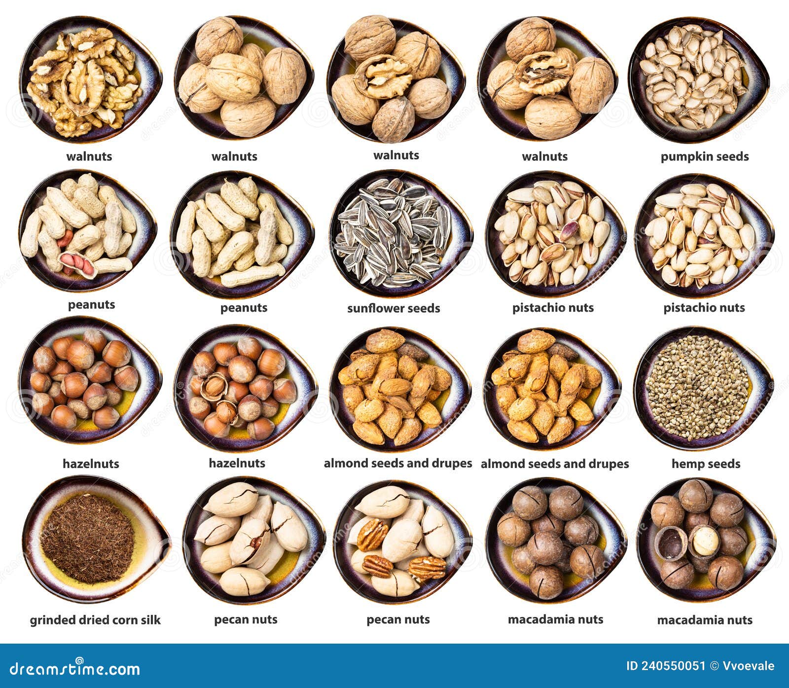 Set of Various Nuts with Names in Ceramic Bowls Stock Image - Image of ...