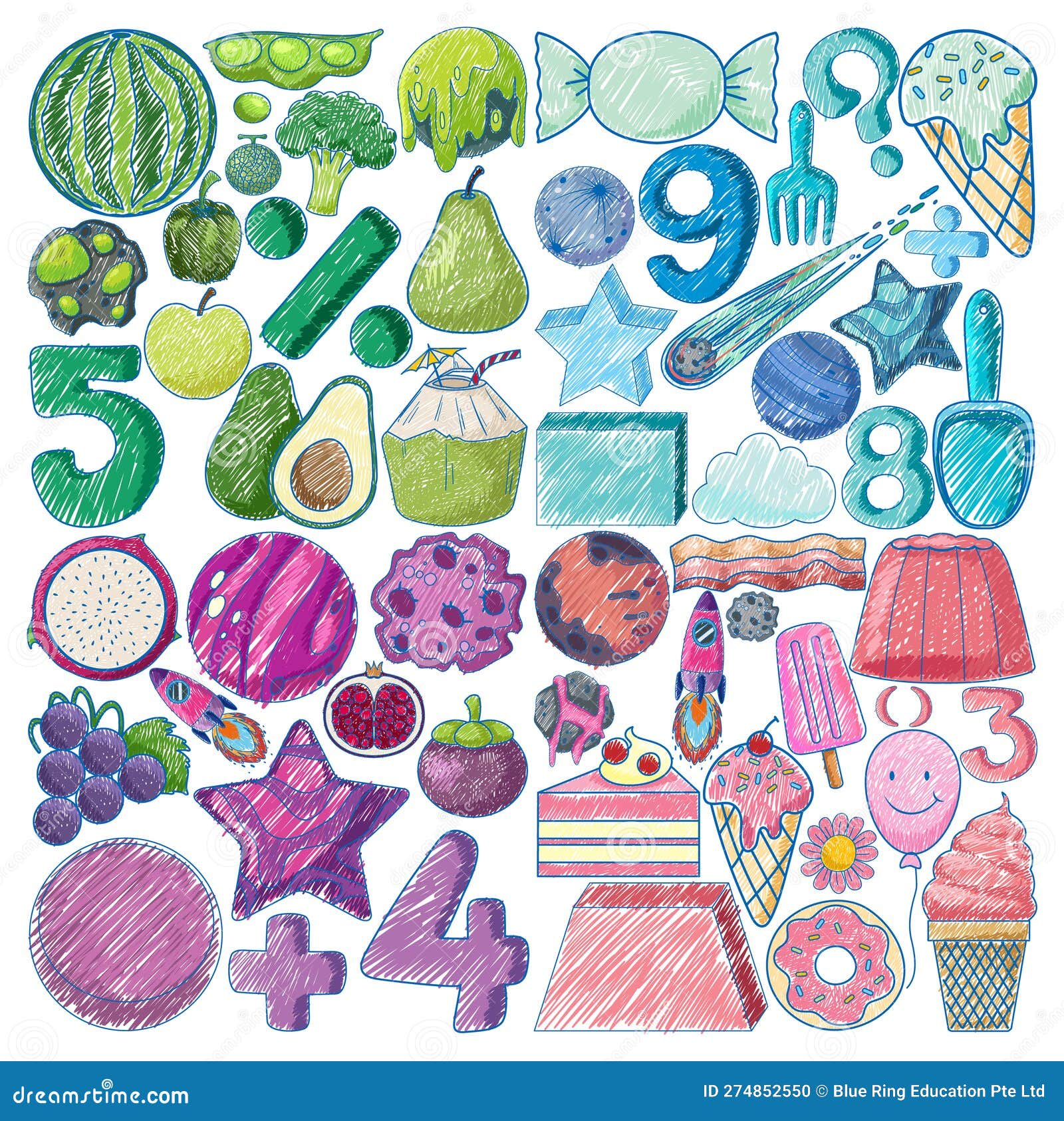 Set of Various Objects in Pencil Colour Sketch Simple Style Stock ...