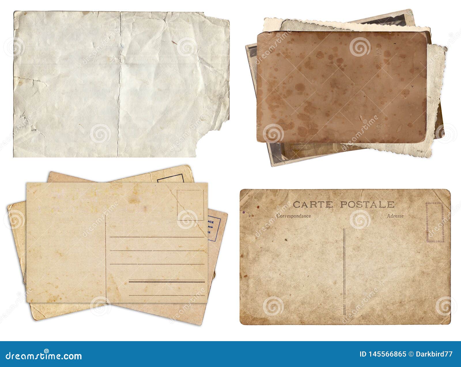 Set of Various Old Papers and Postcards with Scratches and Stains ...