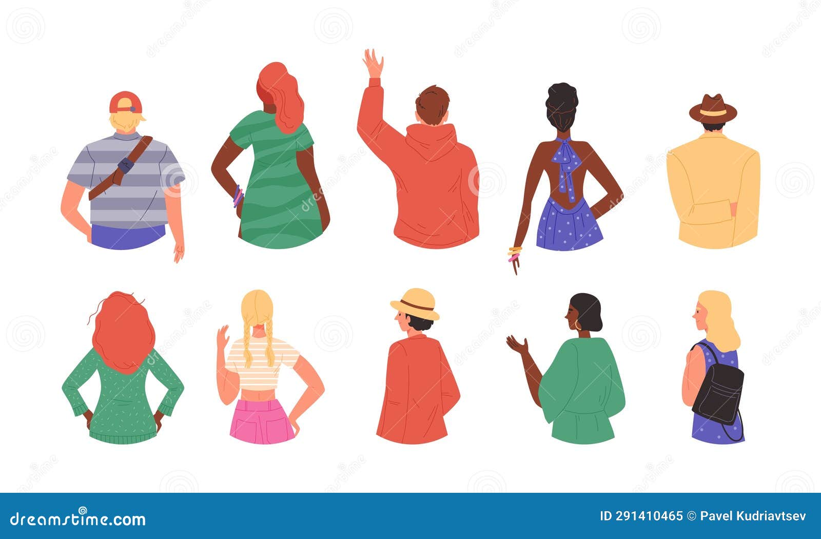 Set of Various People in Different Poses Back View Flat Style Stock ...