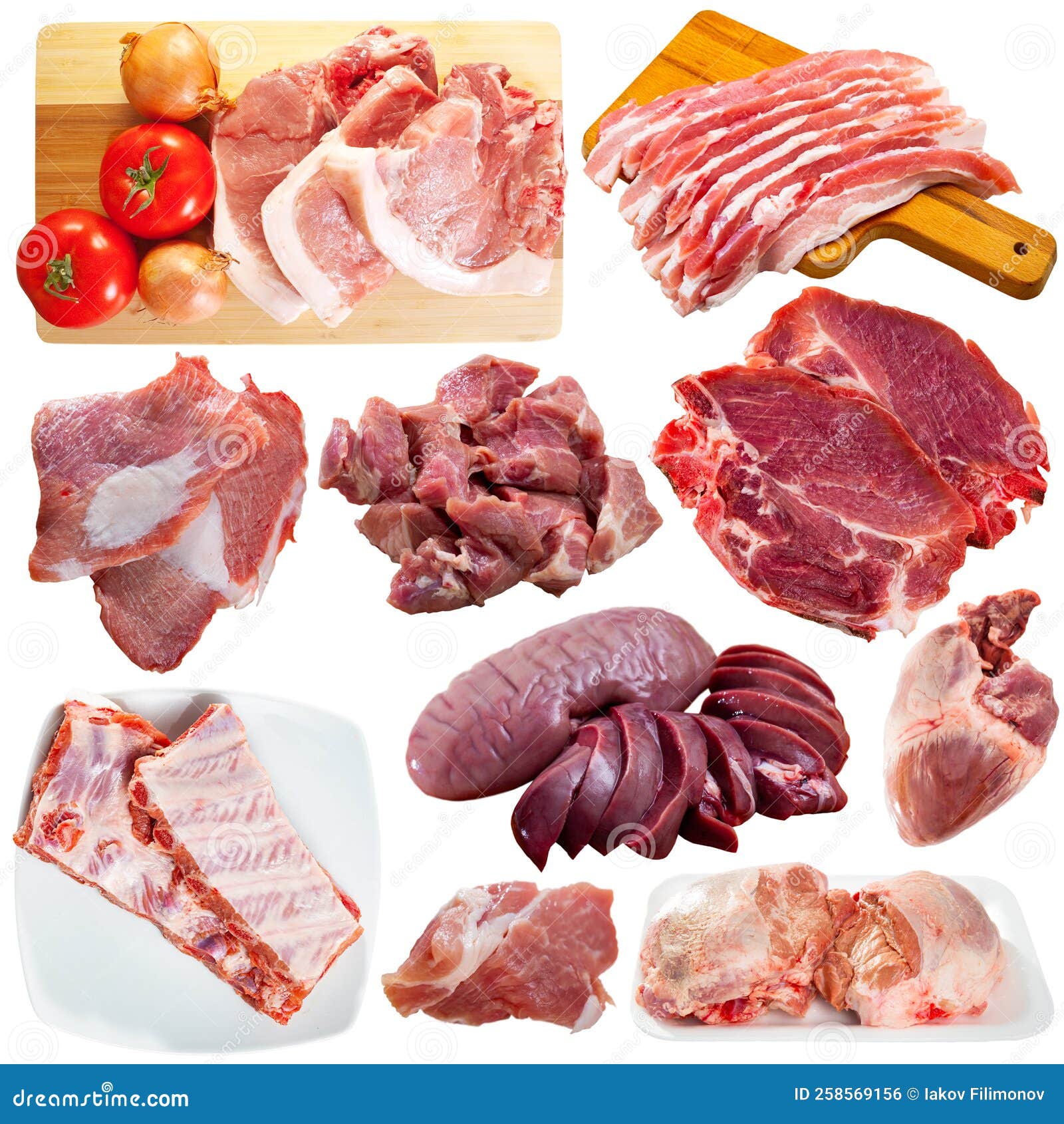 Set of Various Raw Pork Products Isolated on White Stock Photo - Image ...