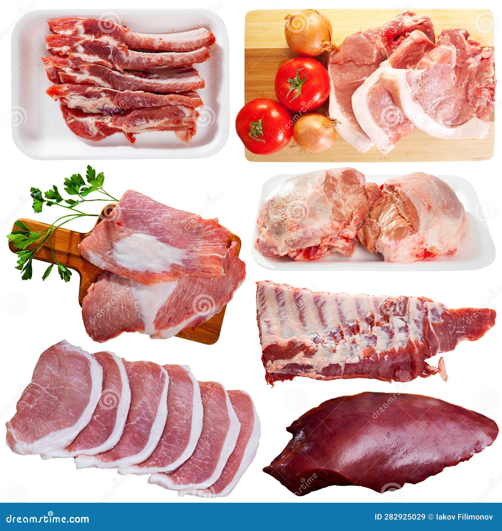 Set of Various Raw Pork Products Isolated on White Stock Image - Image ...