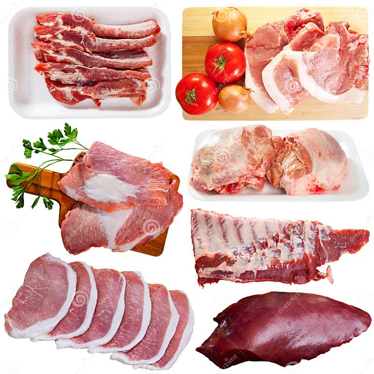 Set of Various Raw Pork Products Isolated on White Stock Image - Image ...