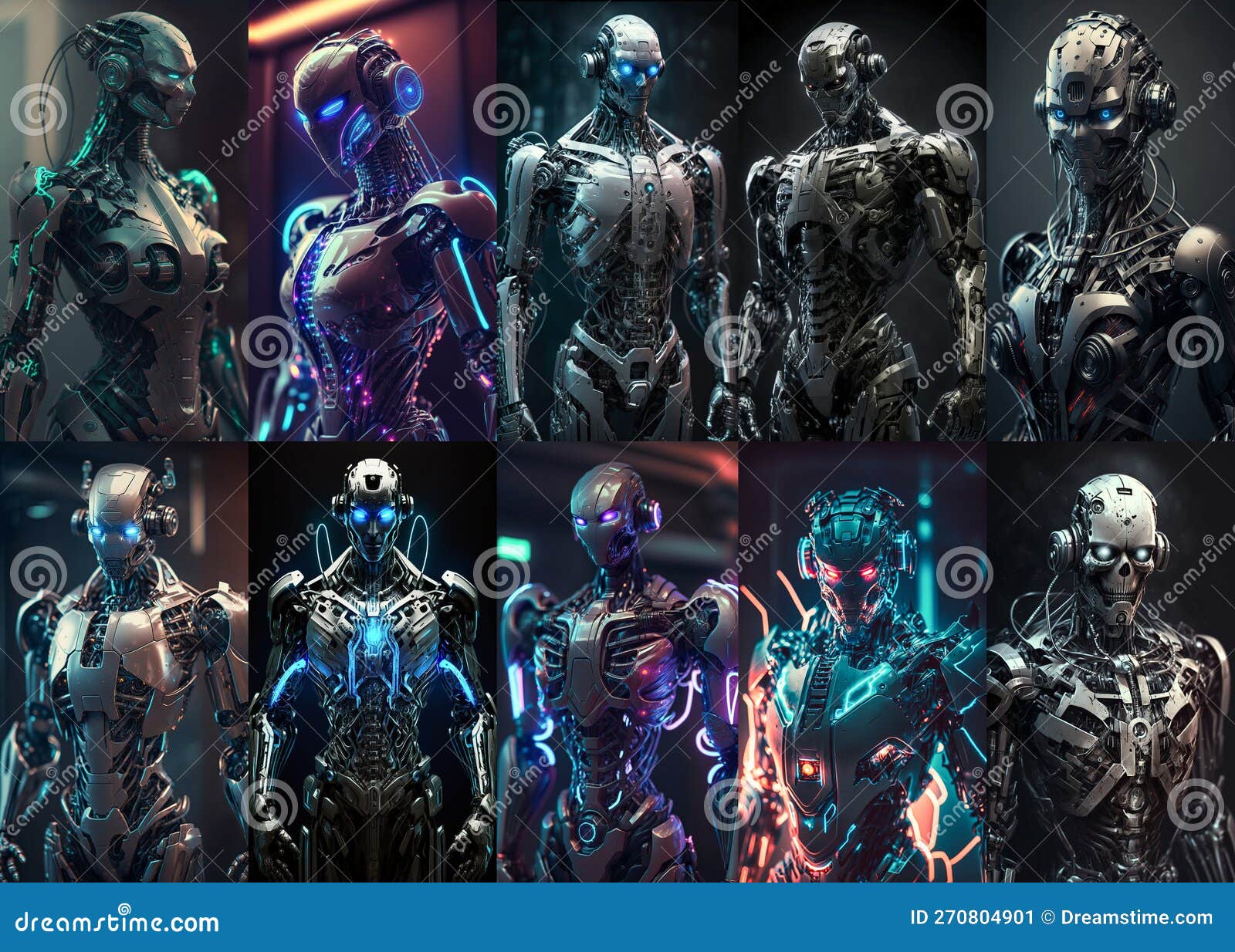 Set of Various Scary Robots with Shining Lights Eyes Stock Illustration ...