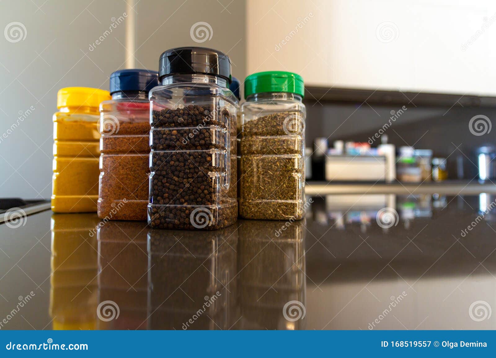 Set of Various Spices in Bottles on the Table Stock Image - Image of ...