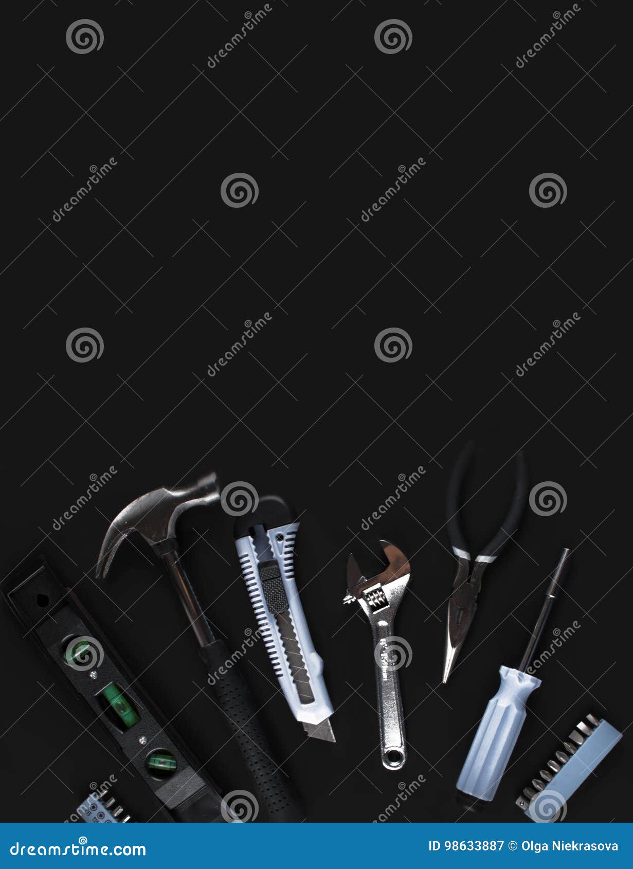 Set of Various Tools on Black Background. Stock Image - Image of ...