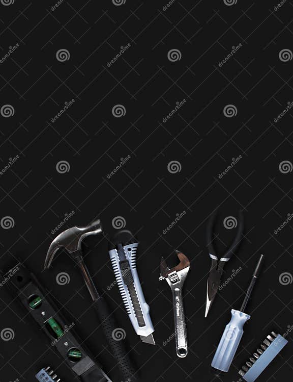 Set of Various Tools on Black Background. Stock Image - Image of ...