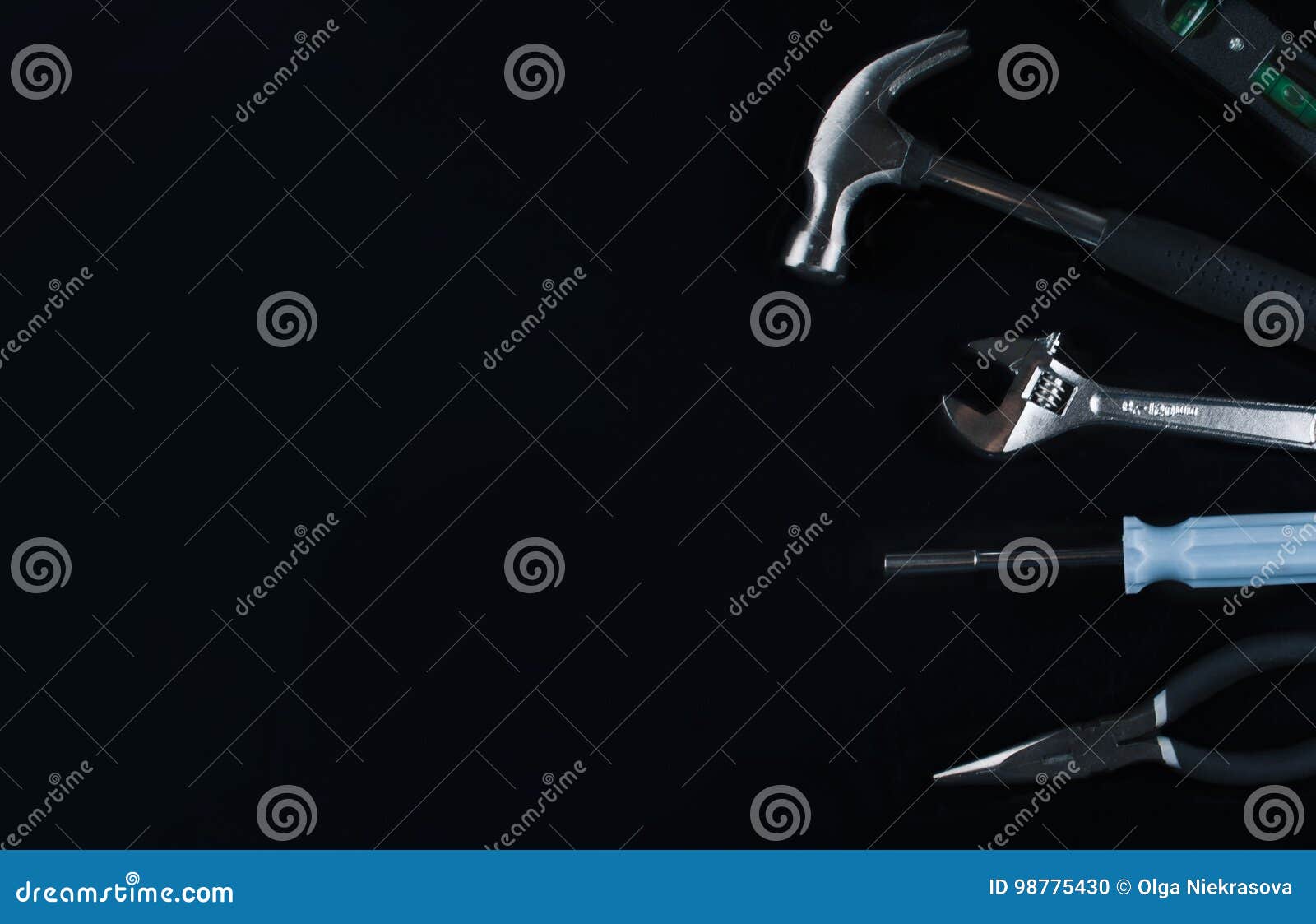 Set of Various Tools on Black Background. Stock Photo - Image of ...