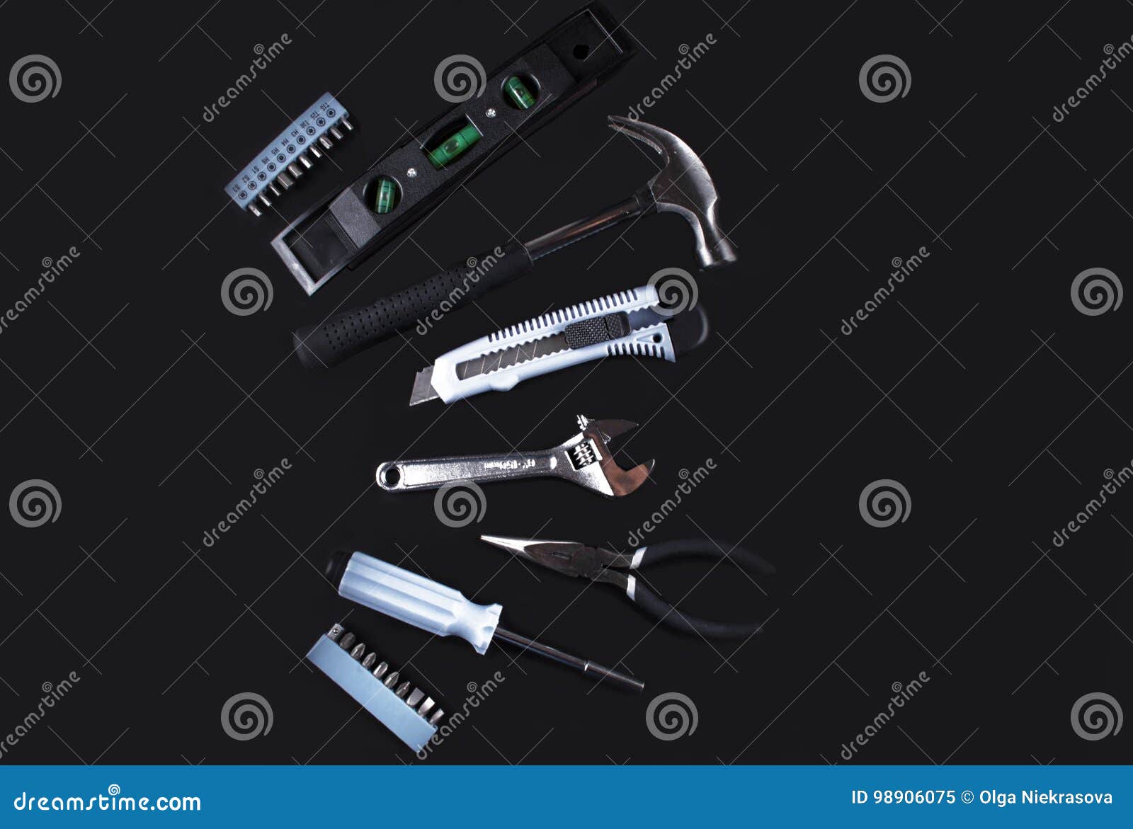 Set of Various Tools on Black Background. Stock Image - Image of ...