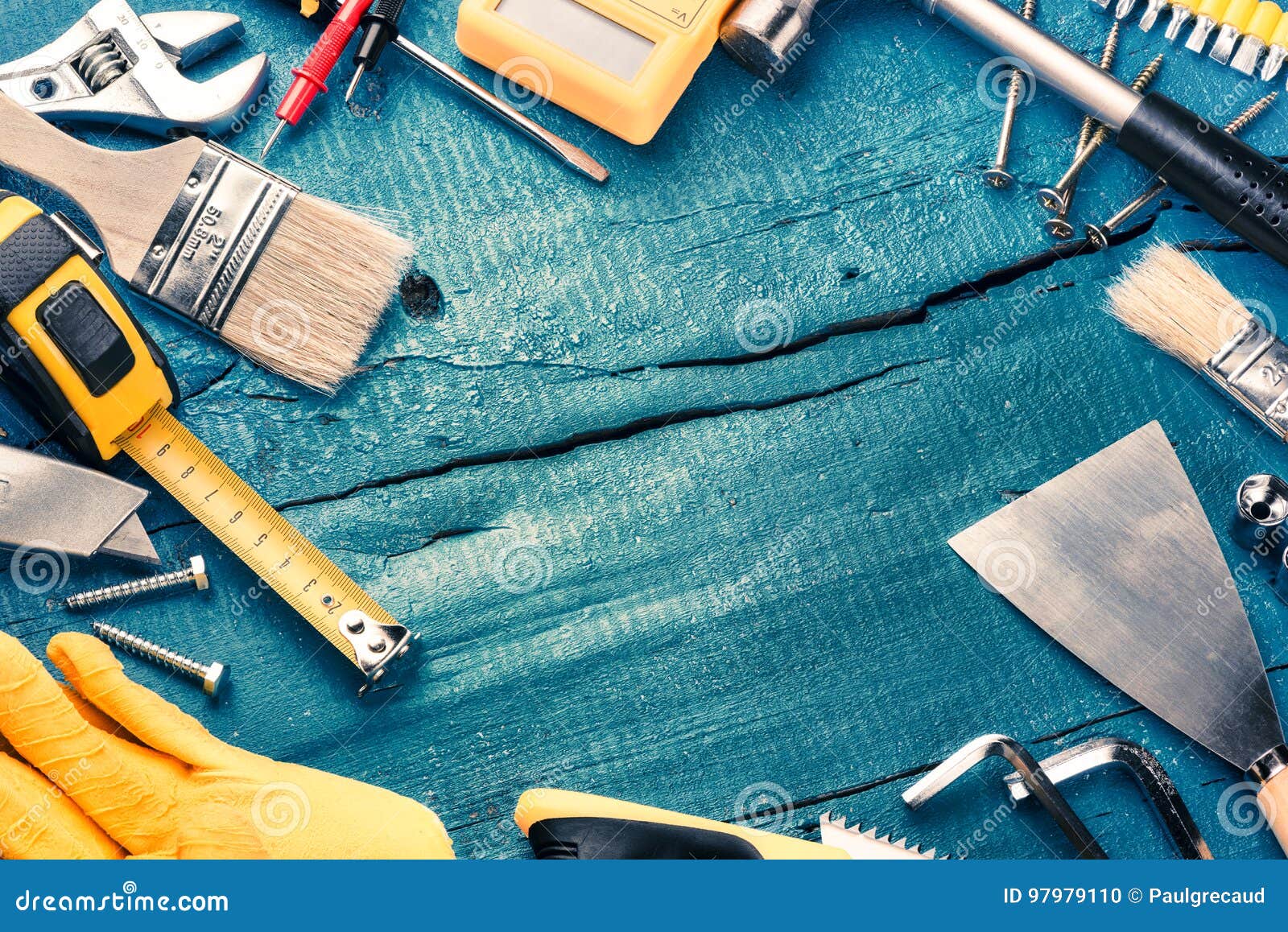 Set of Various Tools on Blue Wooden Background. Construction and Stock ...