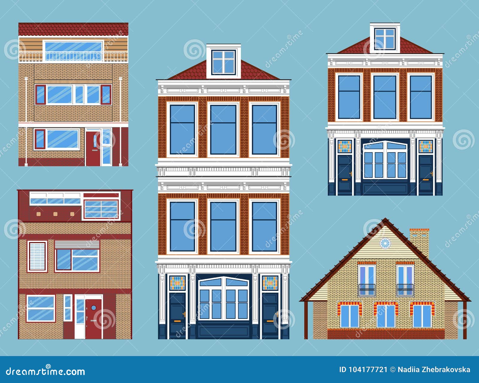 Set of various townhouses. stock vector. Illustration of modern - 104177721