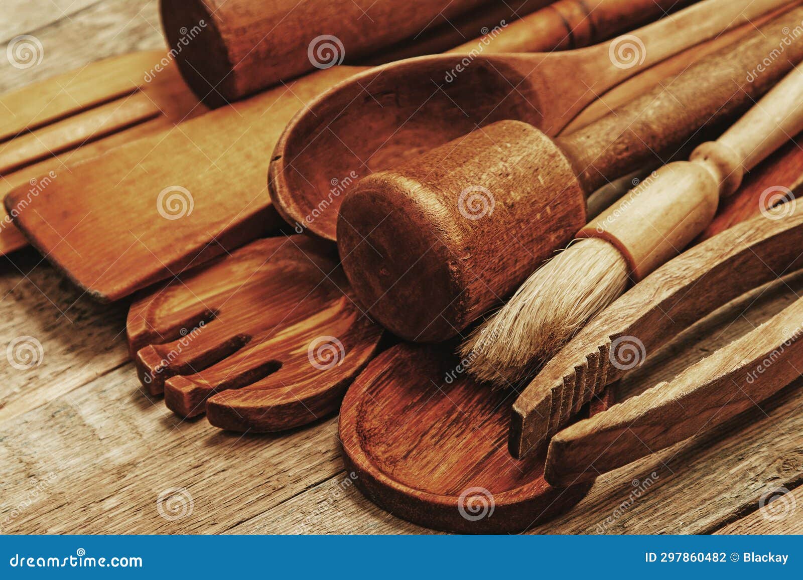 Set of Various Wooden Kitchen Utensils on the Table Stock Photo - Image ...